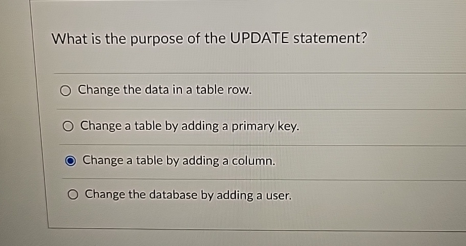 Solved What is the purpose of the UPDATE statement?Change | Chegg.com