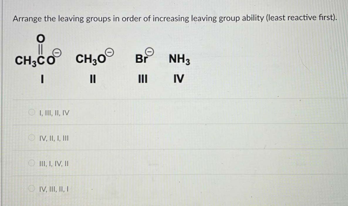 Solved Arrange the leaving groups in order of increasing | Chegg.com