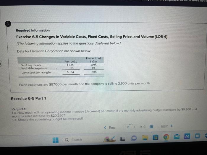 Solved Required information Exercise 6-5 Changes in Variable | Chegg.com