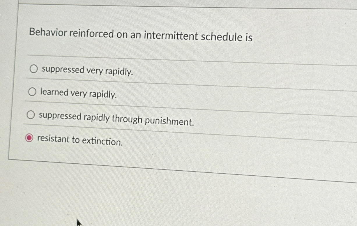 Solved Behavior reinforced on an intermittent schedule | Chegg.com