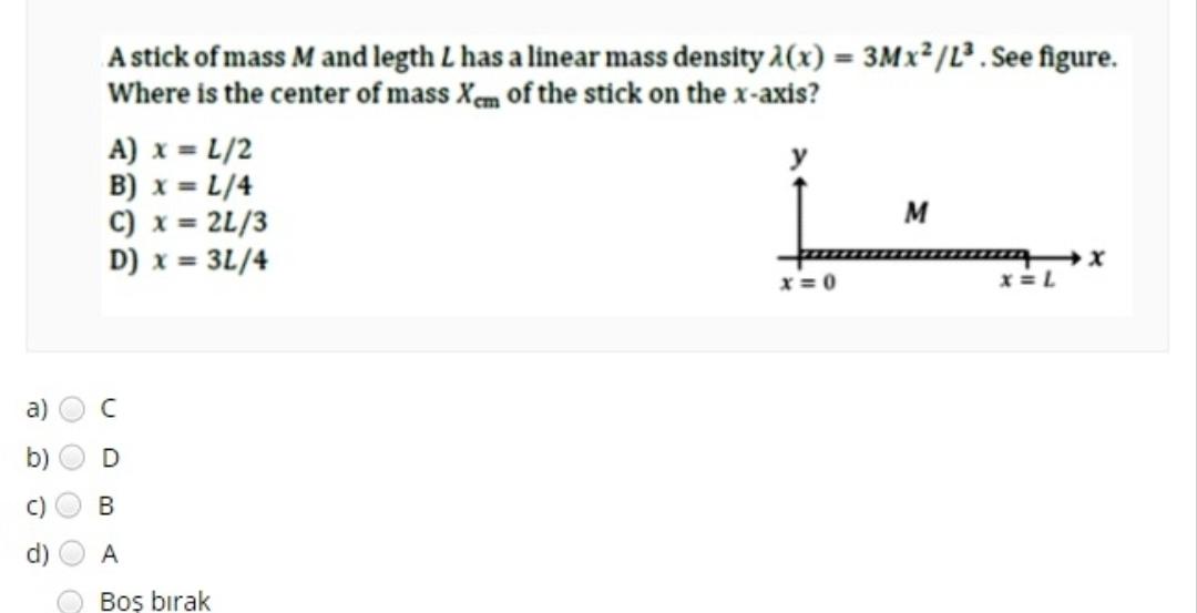 Solved A stick of mass M ﻿and legth L ﻿has a linear mass | Chegg.com