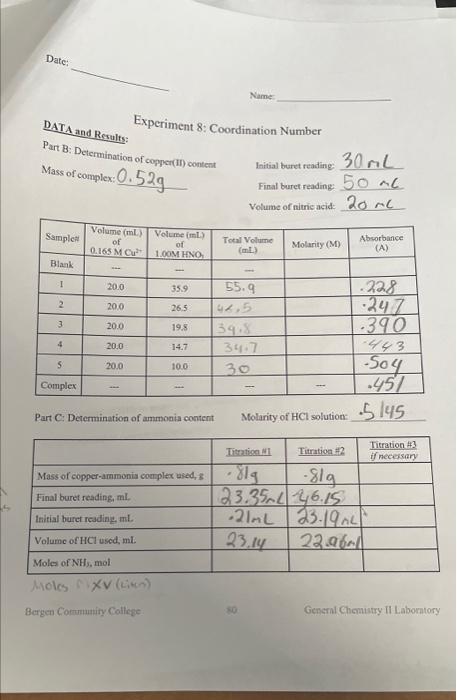 Experiment 8: Coordination Number Par B. Decteniation | Chegg.com