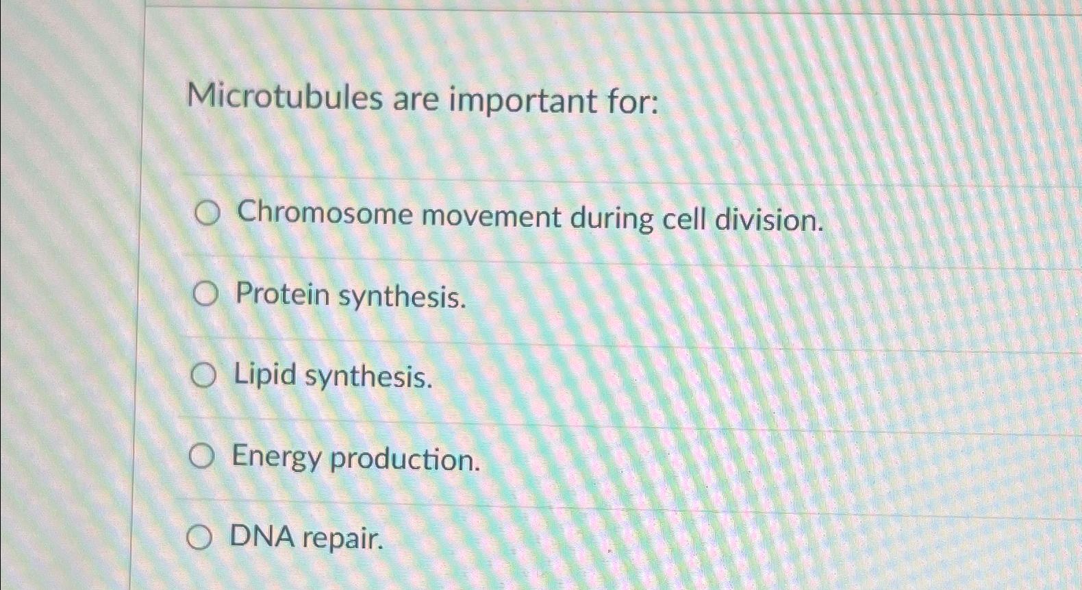 Solved Microtubules are important for:Chromosome movement | Chegg.com