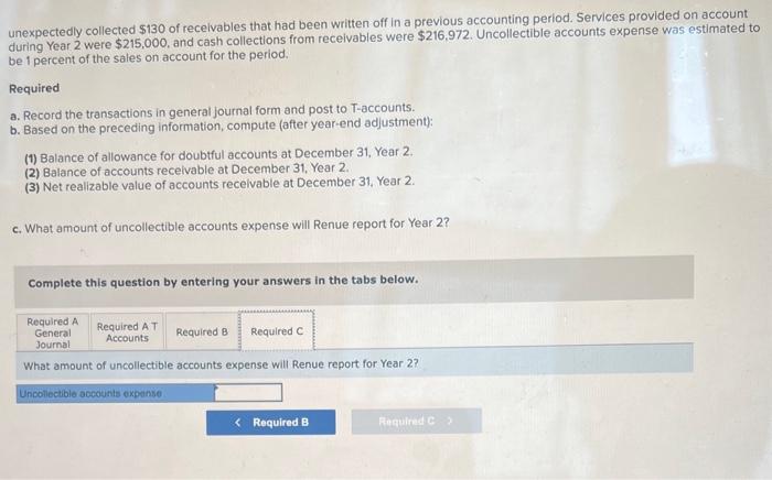 Solved The accounts recelvable balance for Renue Spa at | Chegg.com
