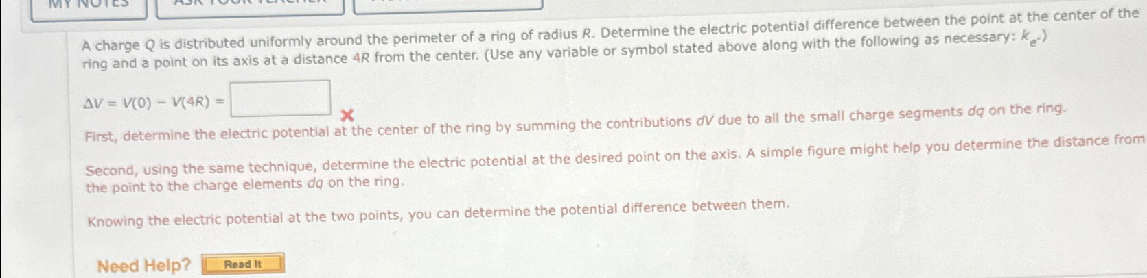 Solved A charge Q ﻿is distributed uniformly around the | Chegg.com