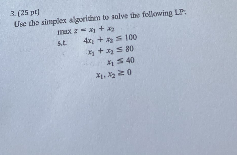 Solved (25pt)Use the simplex algorithm to solve the | Chegg.com