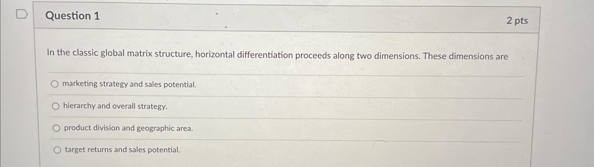 Solved Question 12 ﻿ptsIn the classic global matrix | Chegg.com
