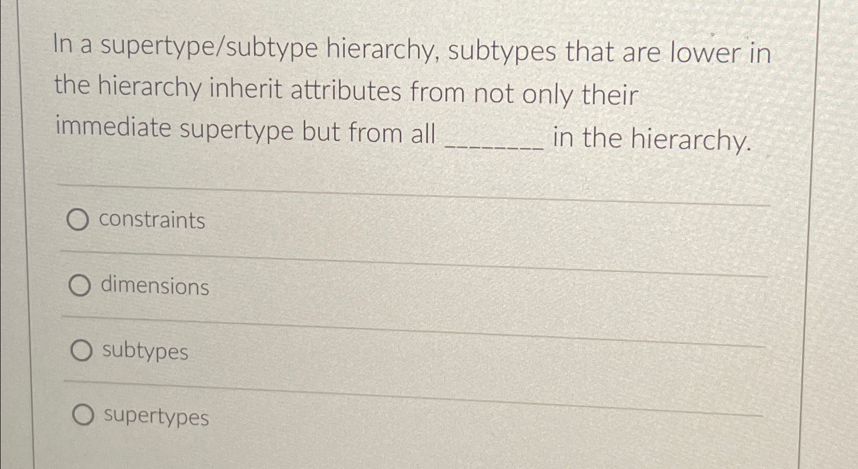 Solved In a supertype/subtype hierarchy, subtypes that are | Chegg.com