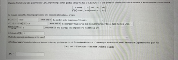 Solved (2 points) The tollowing table gives the cost, C(n), | Chegg.com Solved (2 points) The tollowing table gives the cost, C(n), | Chegg.com