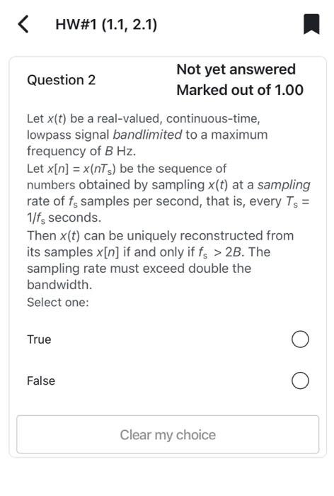 Solved Marked out of 1.00 To avoid the aliasing problem, a | Chegg.com