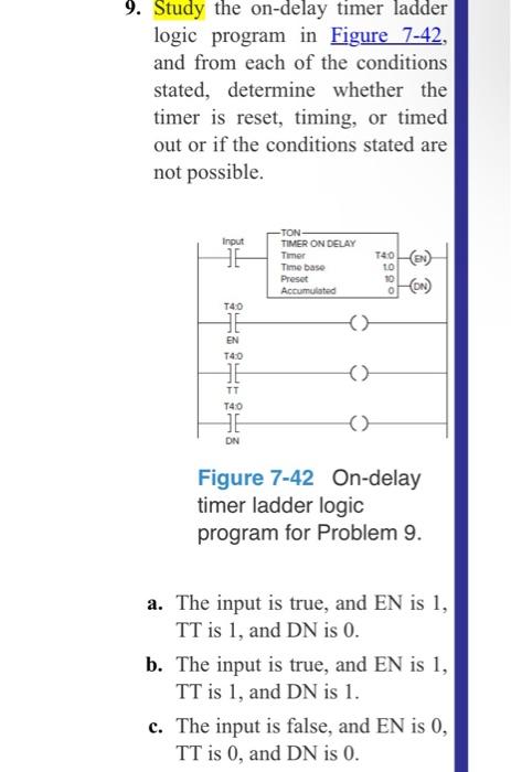 Solved 9. Study the on-delay timer ladder logic program in | Chegg.com