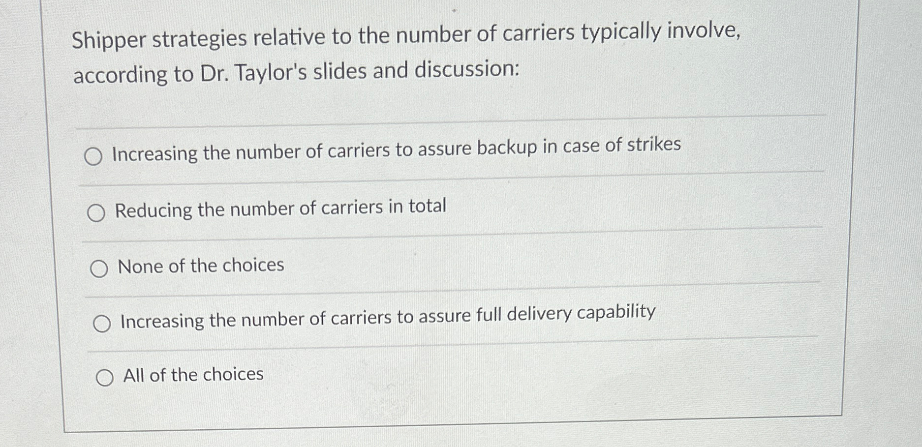Solved Shipper strategies relative to the number of carriers | Chegg.com