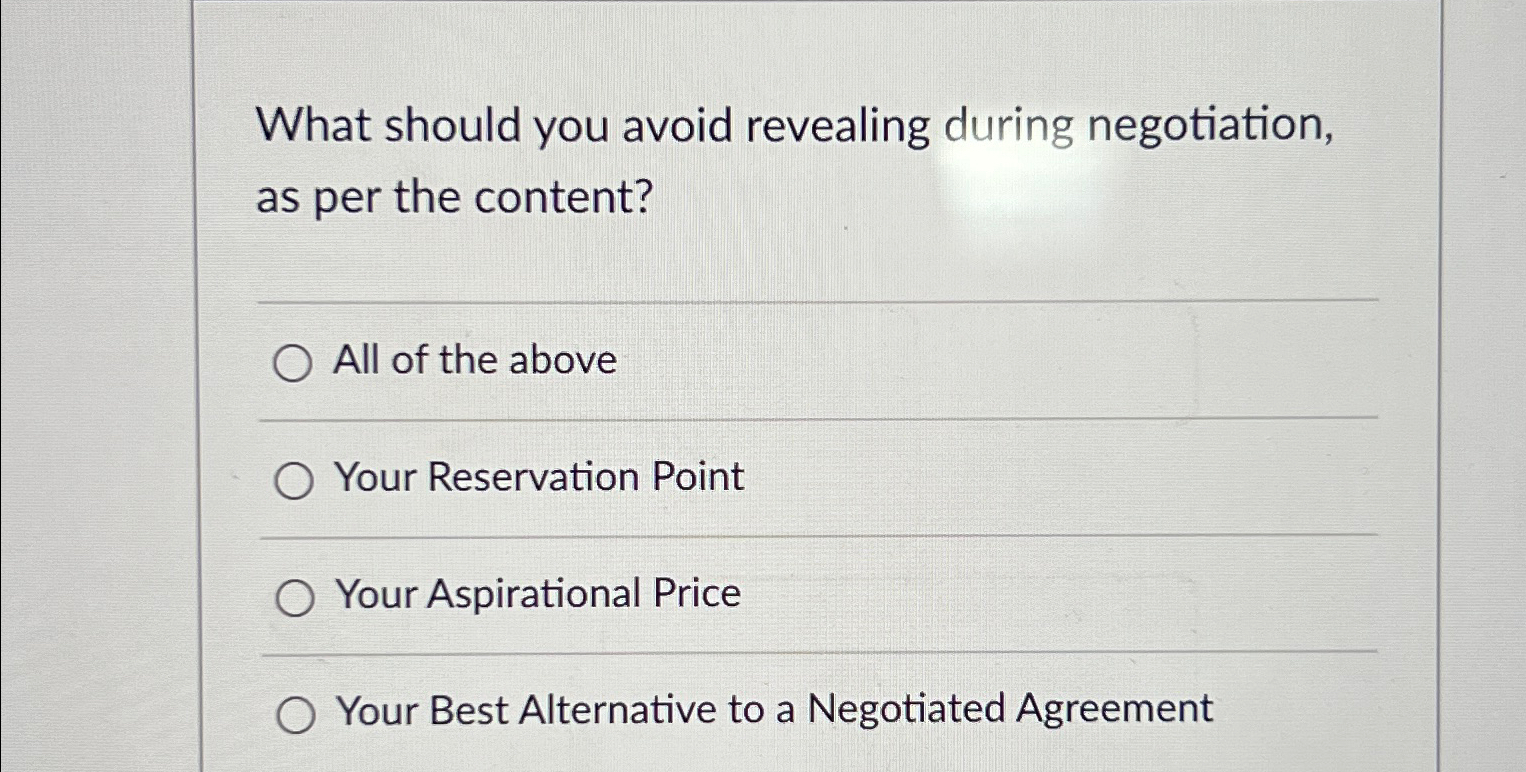 Solved What should you avoid revealing during negotiation, | Chegg.com