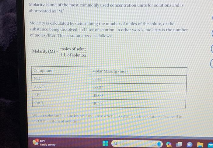 Solved Molarity is one of the most commonly used | Chegg.com