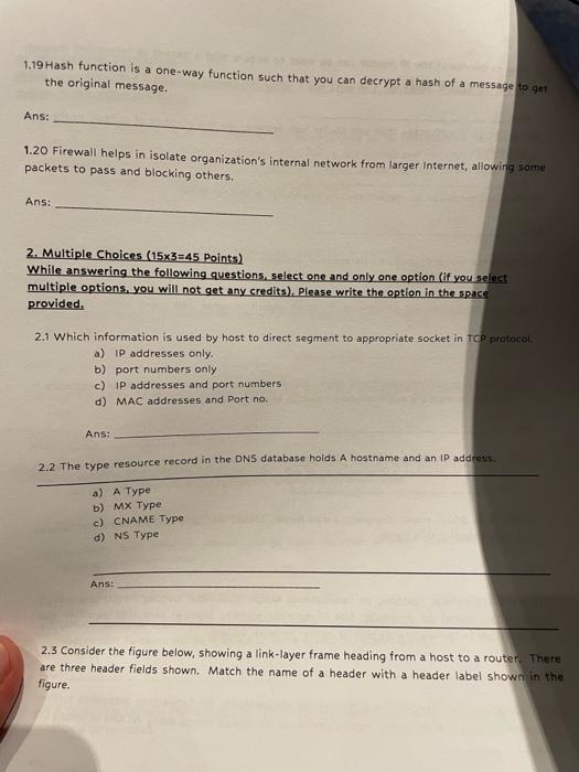 Solved 1.19 Hash function is a one-way function such that | Chegg.com