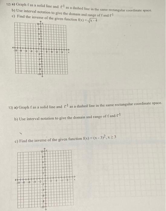 Solved 12) a) Graph f as a solid line and f−1 as a dashed | Chegg.com