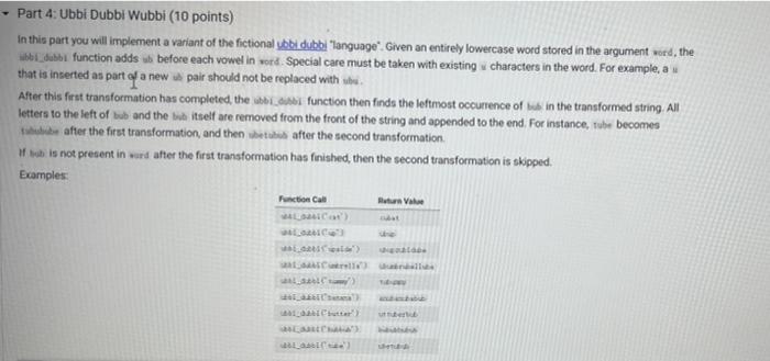 Solved Part 4: Ubbi Dubbi Wubbi (10 points) In this part you | Chegg.com