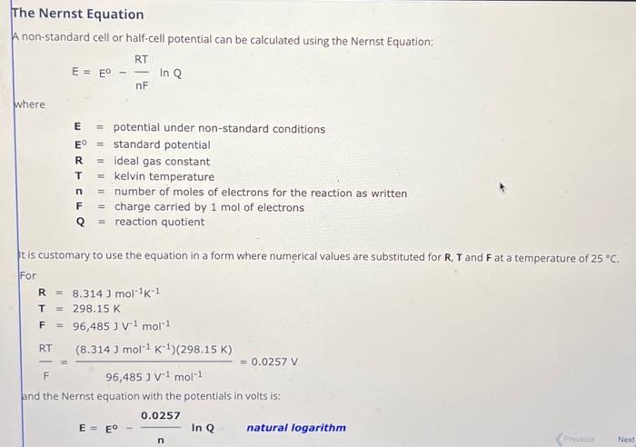 Solved The Nernst Equation A non-standard cell or half-cell | Chegg.com