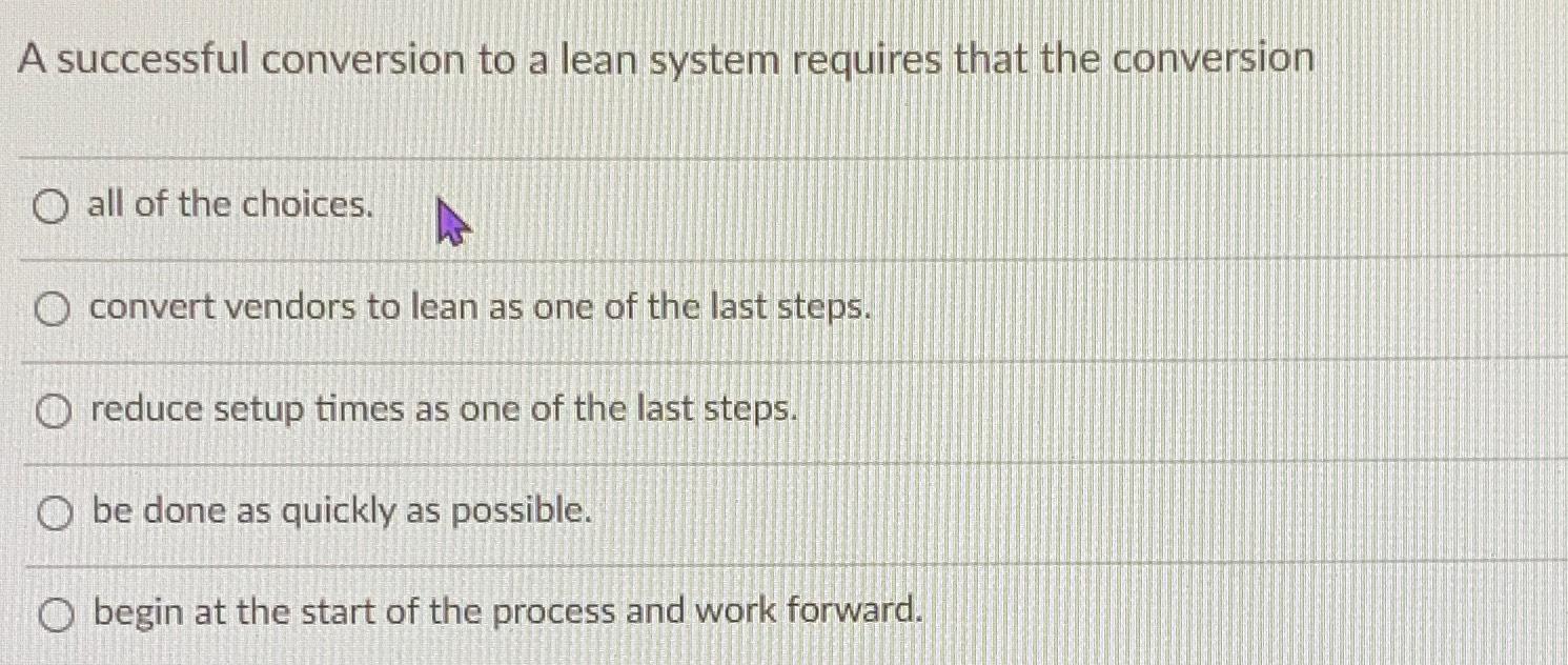Solved A successful conversion to a lean system requires | Chegg.com
