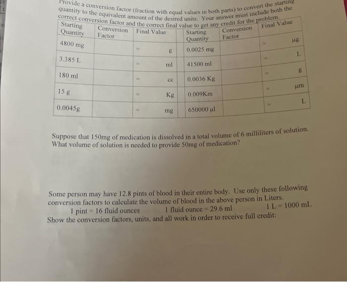 Solved Provide a conversion factor (fraction with equal | Chegg.com