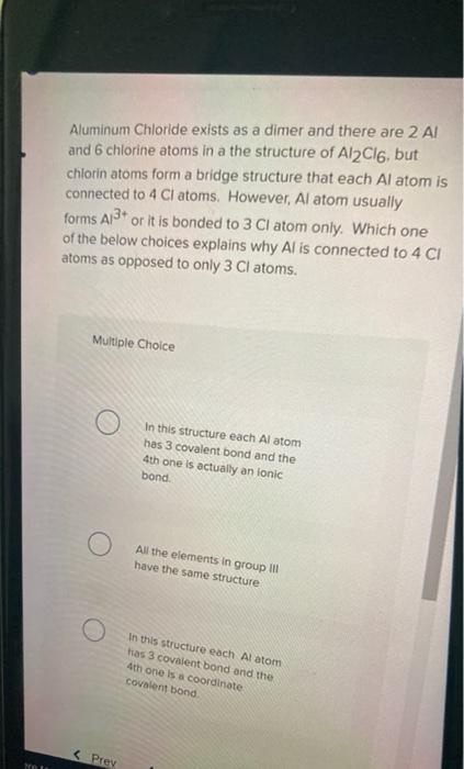 Solved Aluminum Chloride exists as a dimer and there are 2 | Chegg.com