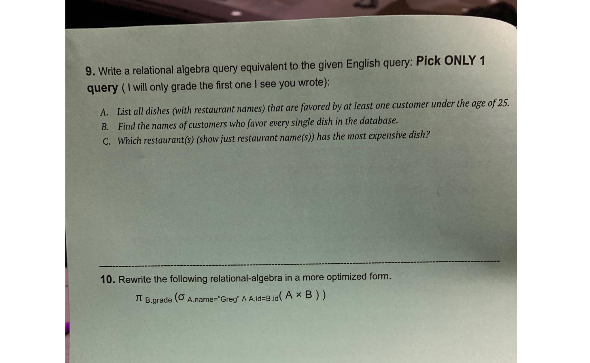Solved Write a relational algebra query equivalent to the | Chegg.com