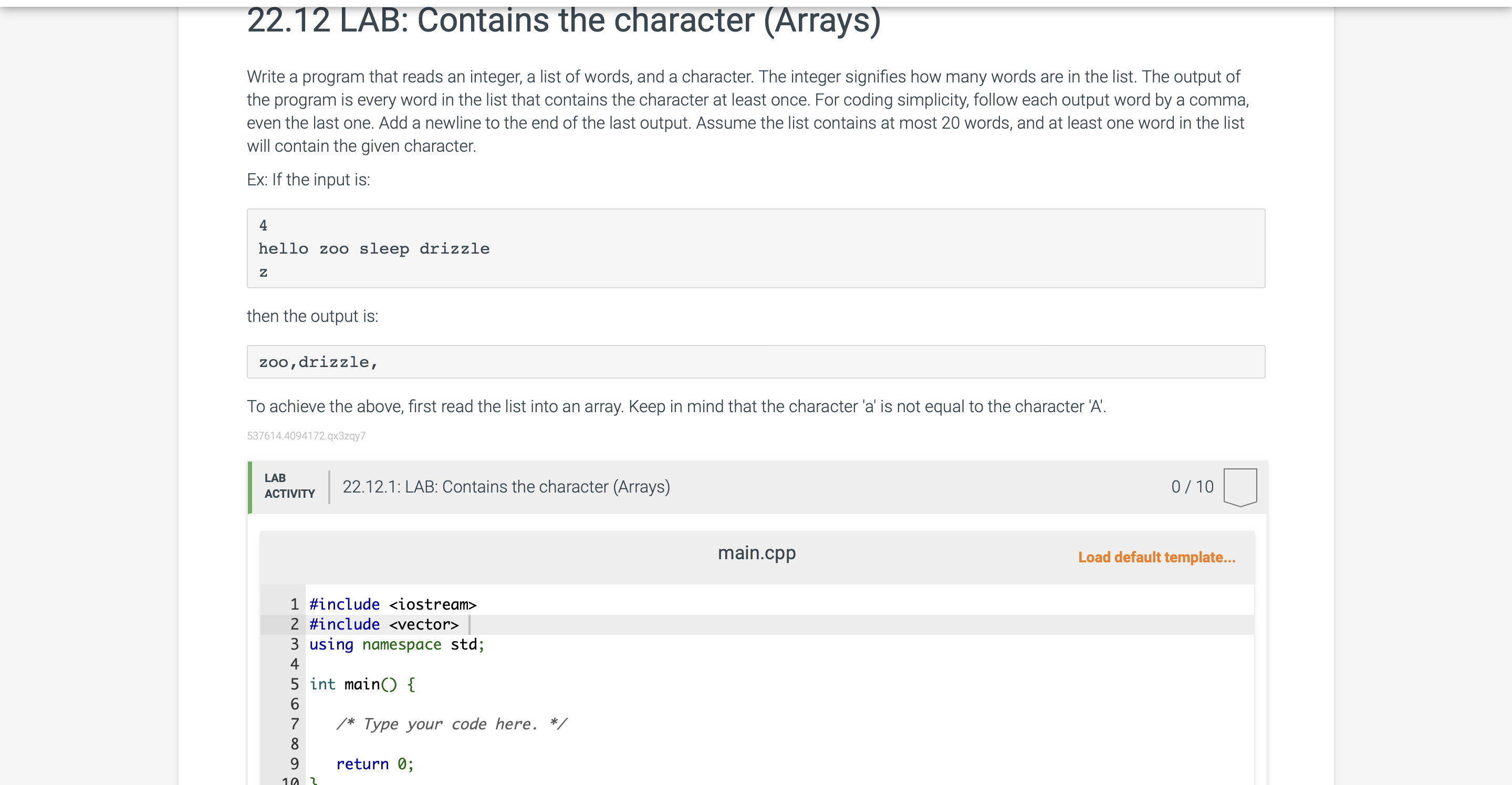 22.12 ﻿LAB: Contains the character (Arrays) ﻿ DO IT | Chegg.com