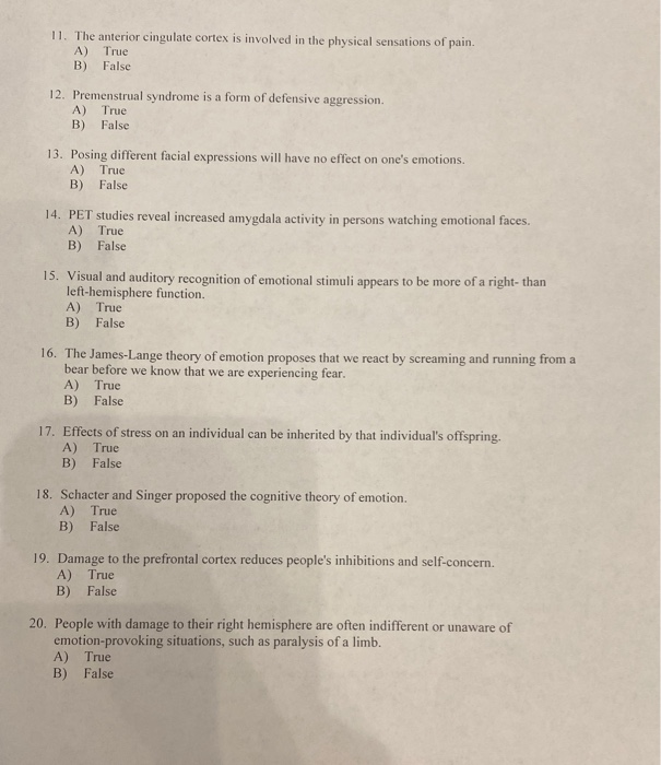 Solved 11. The anterior cingulate cortex is involved in the | Chegg.com