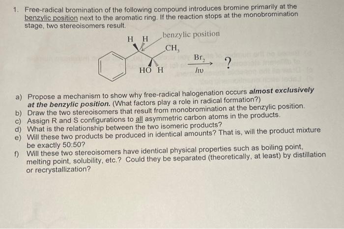 Solved 1. Free-radical bromination of the following compound | Chegg.com
