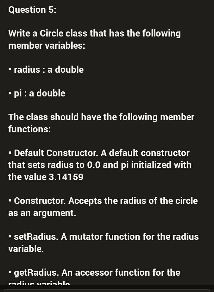 Solved Question 5: Write a Circle class that has the | Chegg.com