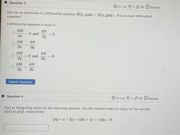 Solved Find an integrating factor for the following | Chegg.com