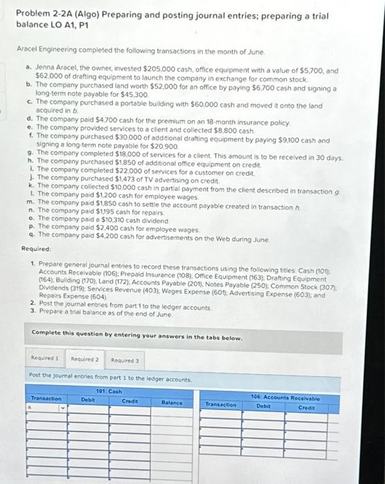Solved Problem 2-2A (Algo) Preparing and posting journal | Chegg.com
