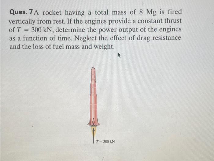 Solved Ques. 7 A rocket having a total mass of 8Mg is fired | Chegg.com