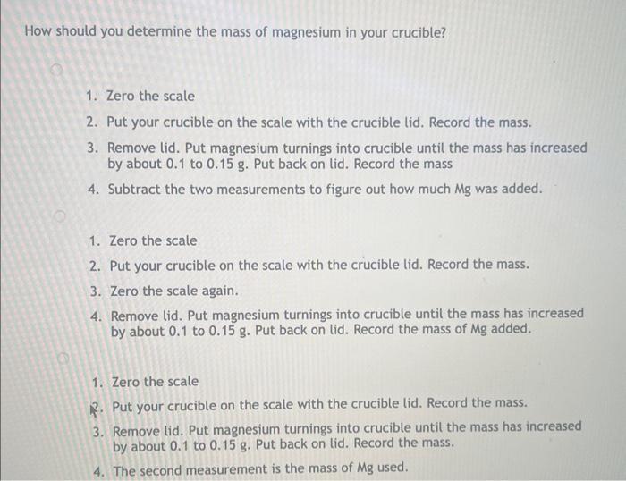 Solved How should you determine the mass of magnesium in | Chegg.com