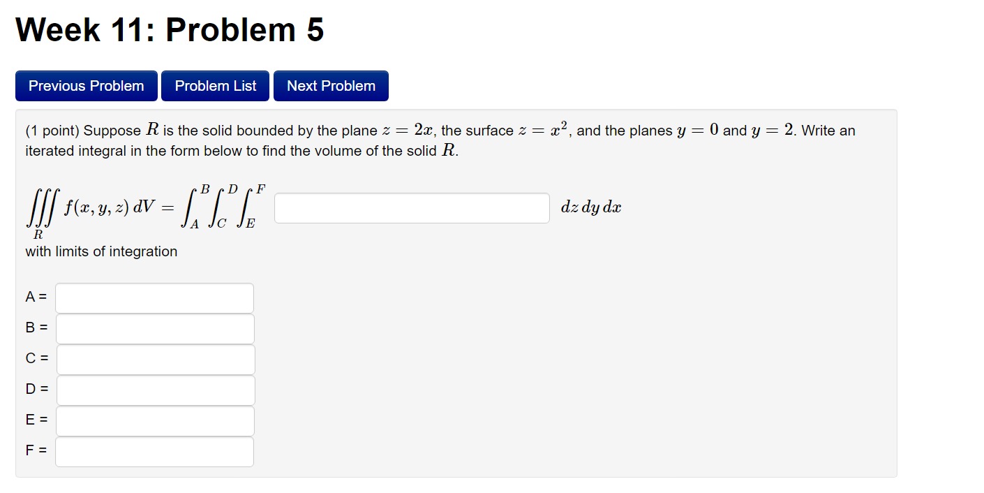 Solved (1 point)(1 point) Write limits of integration for | Chegg.com Solved (1 point)(1 point) Write limits of integration for | Chegg.com