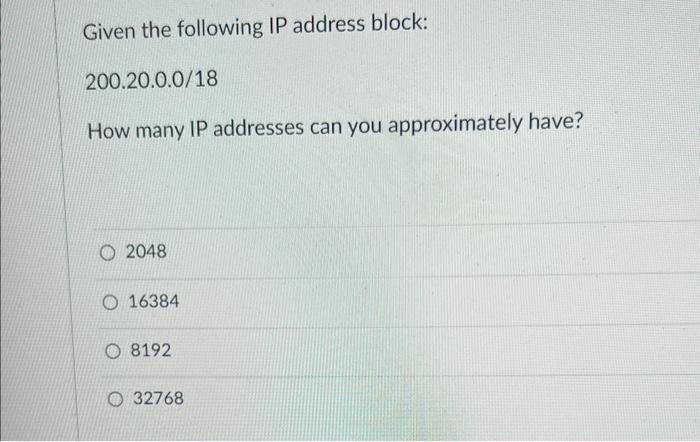 Solved Given the following IP address block: 200.20.0.0/18 | Chegg.com