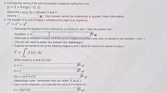 Solved a. Calculate the volume of the solid of revolution | Chegg.com