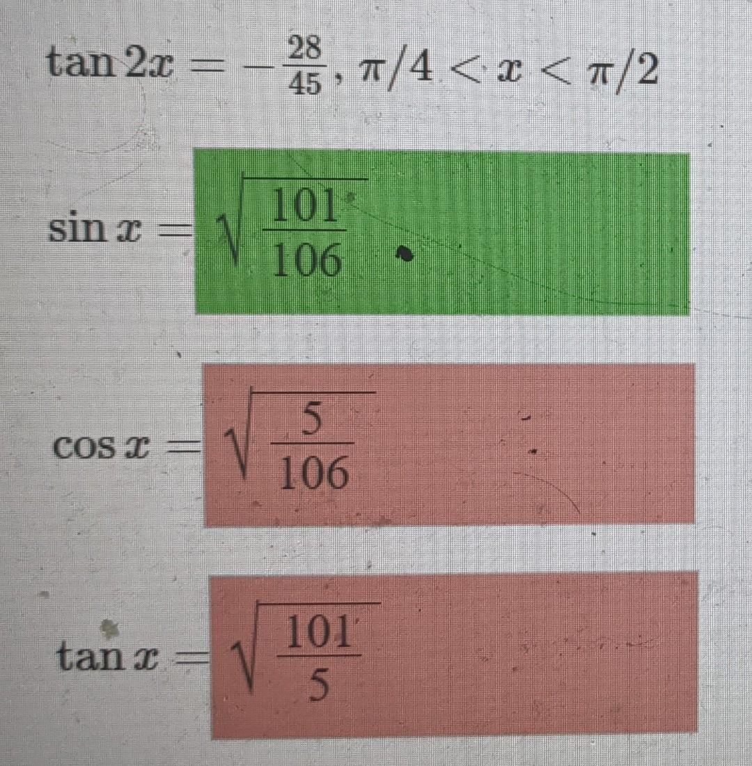 Solved tan 2x = - 28 26, +/4