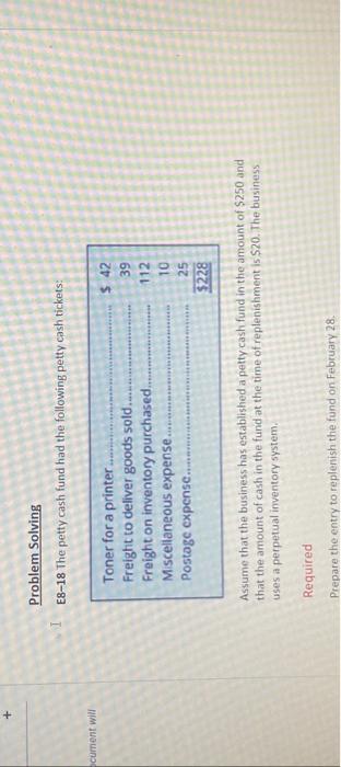 Solved + ocument will I Problem Solving E8-18 The petty cash | Chegg.com
