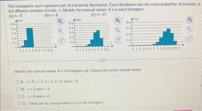 Solved The histograms each represent part of a binomial | Chegg.com