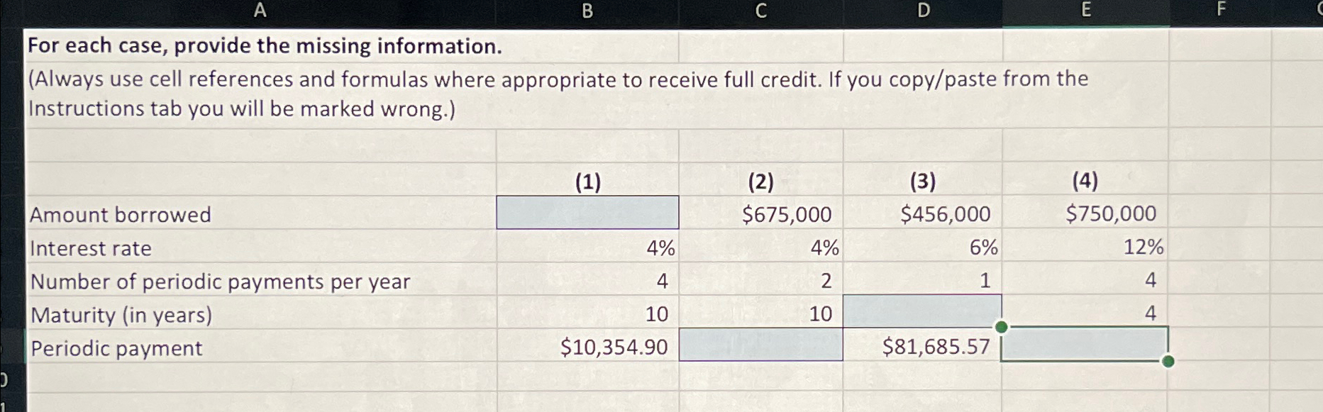 Solved For each case, provide the missing | Chegg.com