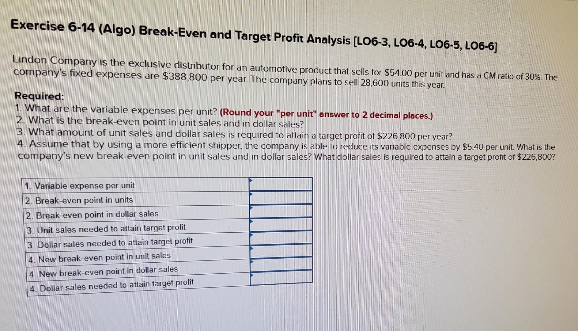 Solved Exercise 6-14 (Algo) Break-Even and Target Profit | Chegg.com