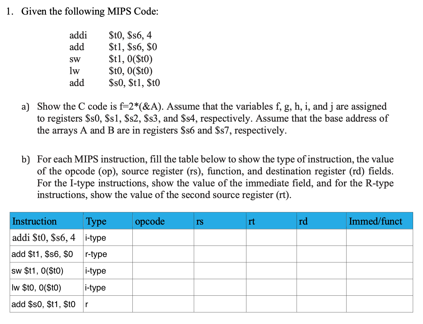 Solved 1. ﻿Given the following MIPS Code:b) ﻿For each MIPS | Chegg.com