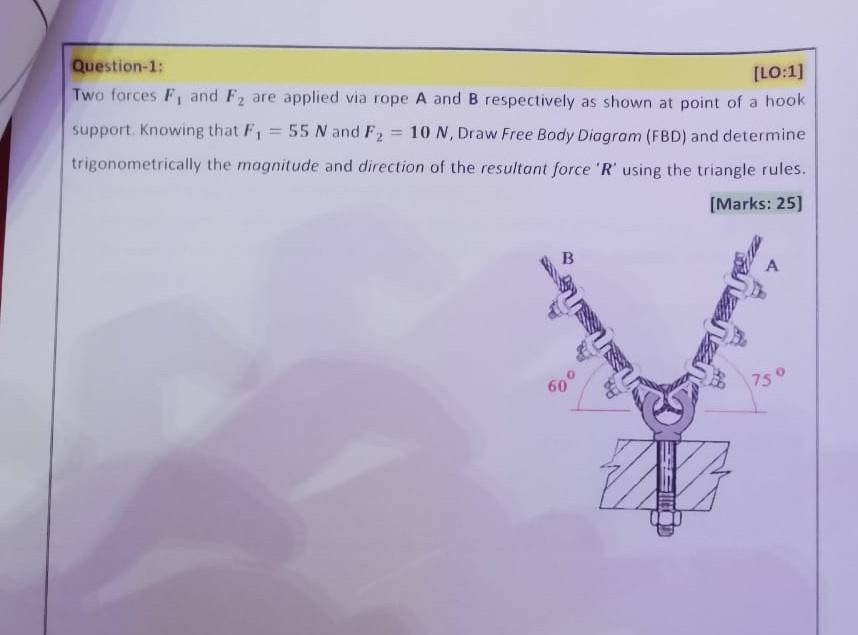 Solved Question-1: Two forces F1 and F2 are applied via rope | Chegg.com