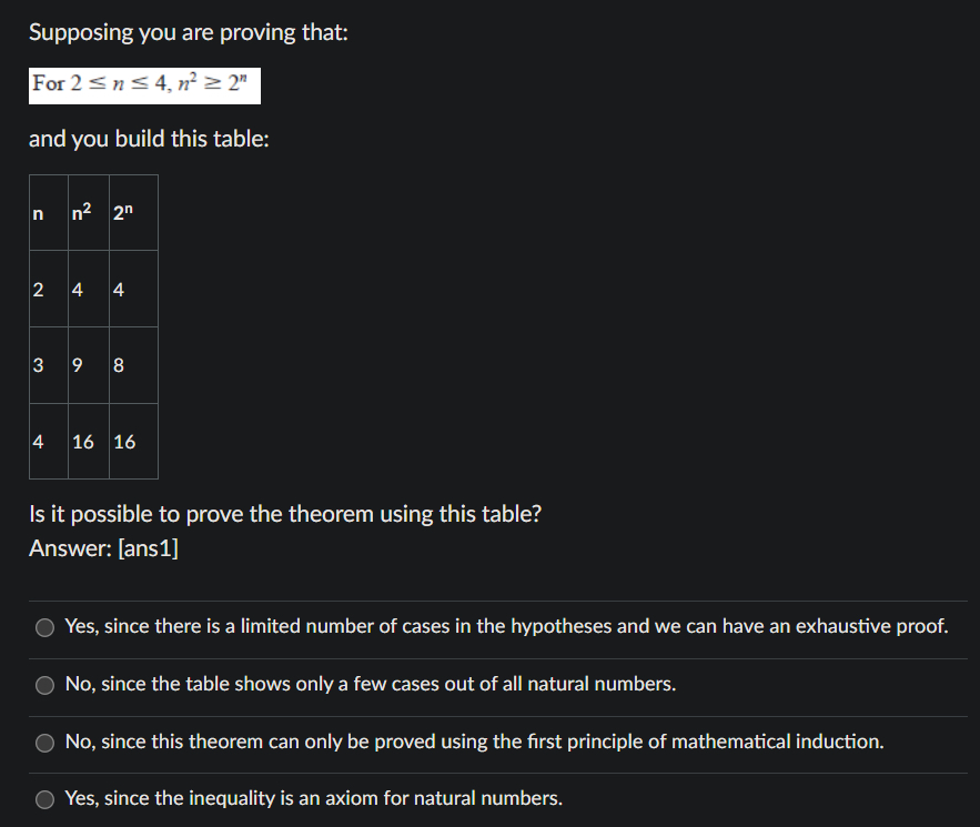 Solved Supposing you are proving that:For 2≤n≤4,n2≥2nand you | Chegg.com