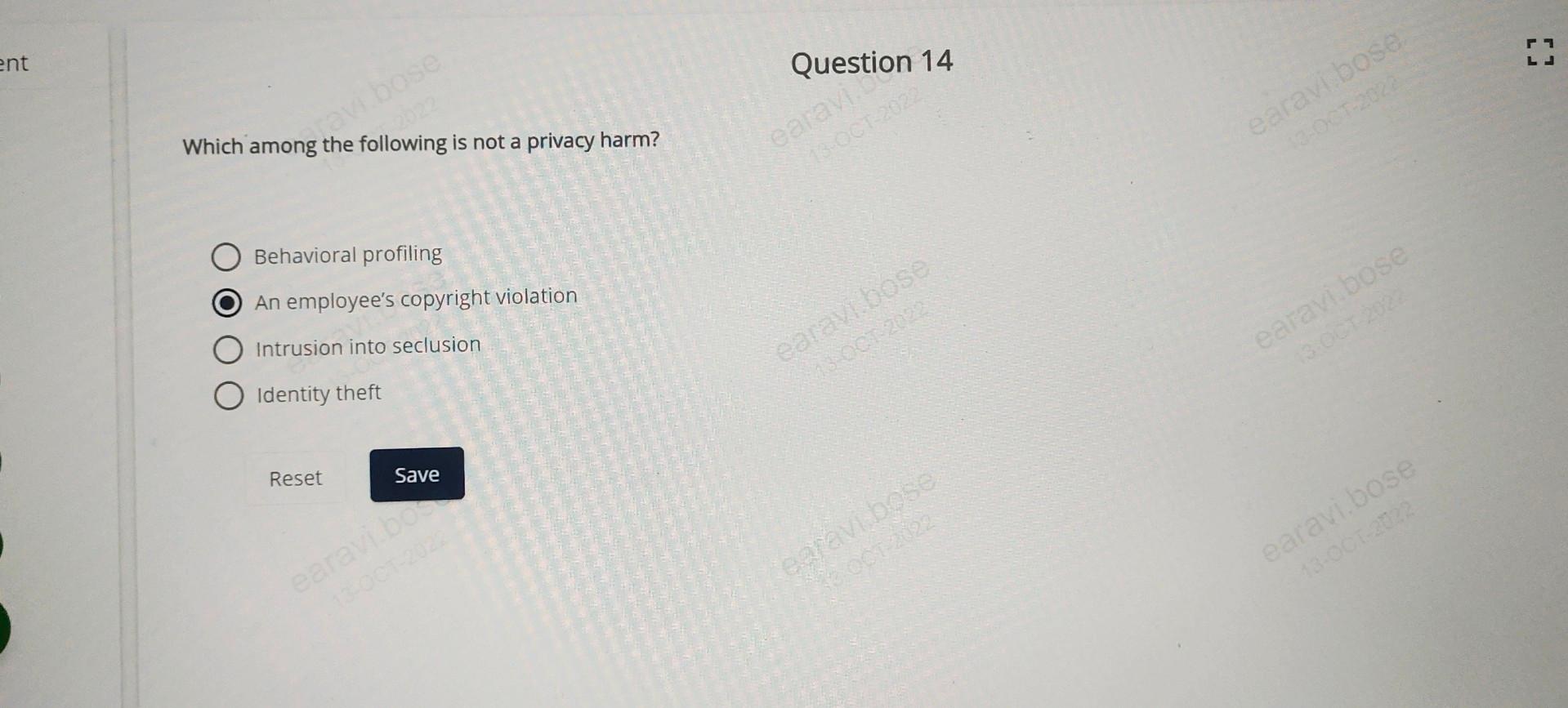 Which among the following is not a privacy harm? | Chegg.com