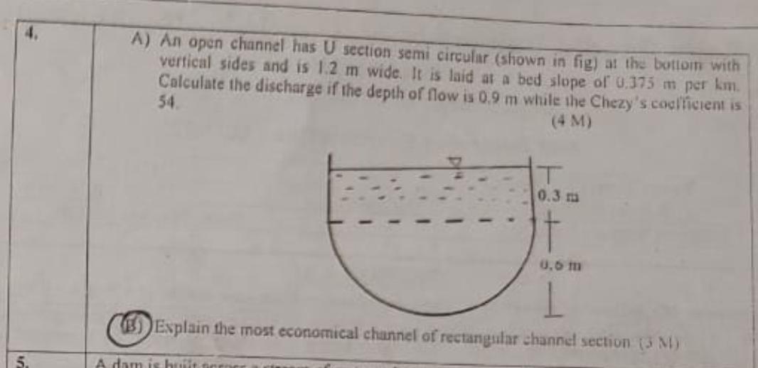 Solved A) An open channel has U section semi circular (shown | Chegg.com
