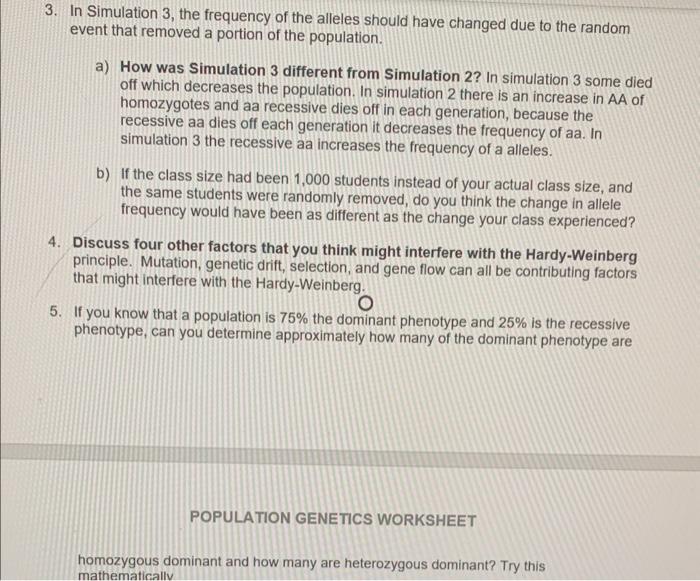 Solved POPULATION GENETICS WORKSHEET3. In Simulation 3, the | Chegg.com