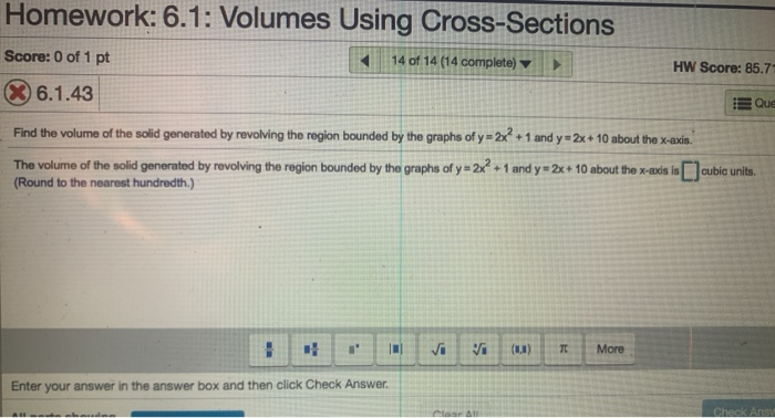 Solved Homework: 6.1: Volumes Using Cross-Sections Score: 0 | Chegg.com