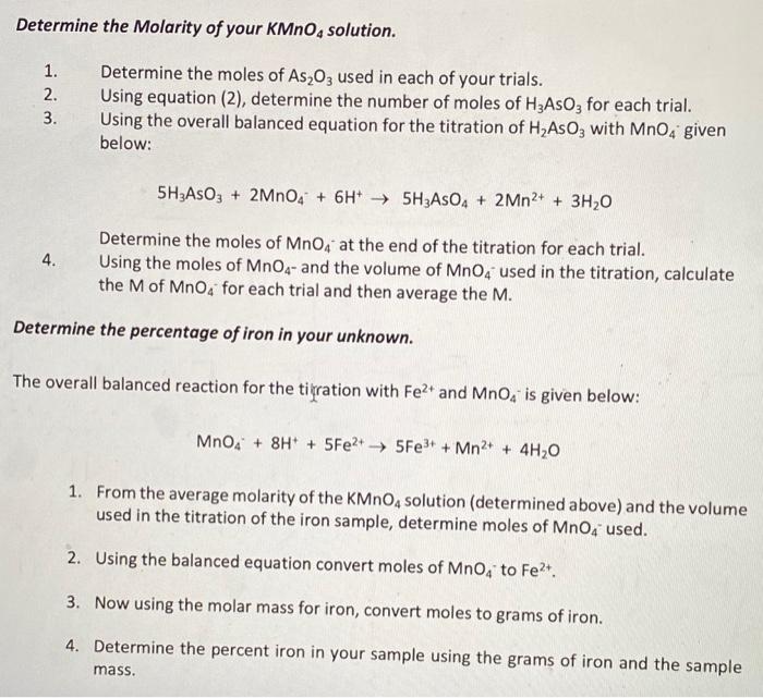 Solved Determine the Molarity of your KMnO4 solution. 1. | Chegg.com
